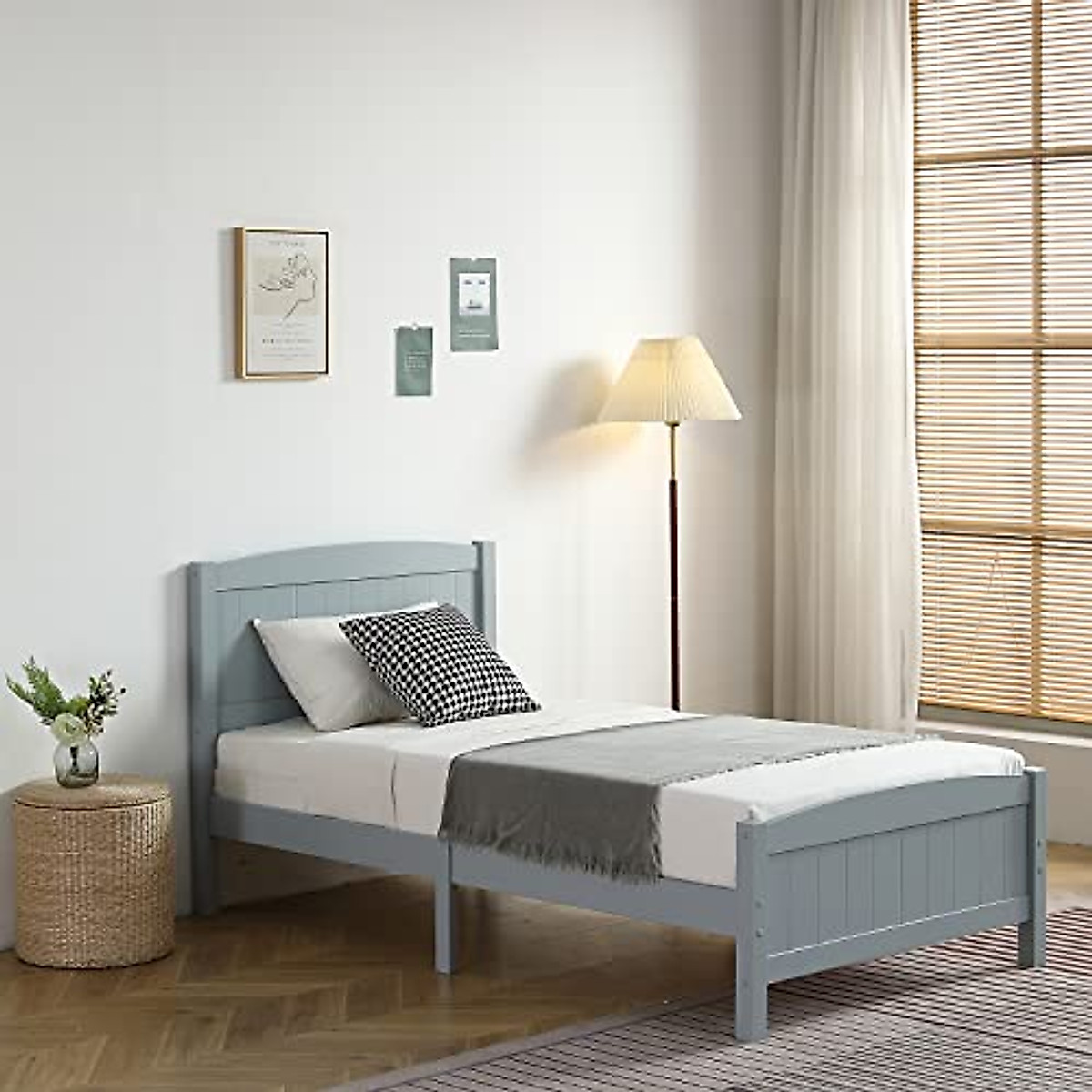 ZKTYQUIHE Bed Head, Twin Pine Single-Layer Core Vertical Stripe Full-Board Curved Bed Foot Wooden Bed, Grey