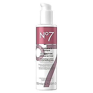 No.7 Restore & Renew Dual Action Cleansing Lotion - Facial Cleanser & Exfoliant with Alpha Hydroxy Acid - Cleansing Lotion Makeup Remover for Anti Aging