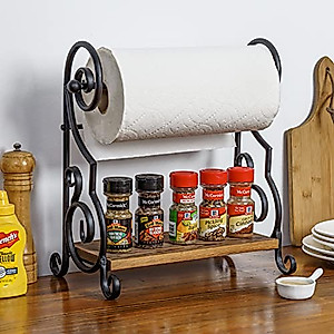 MyGift Black Metal Countertop Paper Towel Holder with Rustic Solid Burnt Wood Storage Shelf and Scrollwork Design, Easy Refill Single Roll Holder