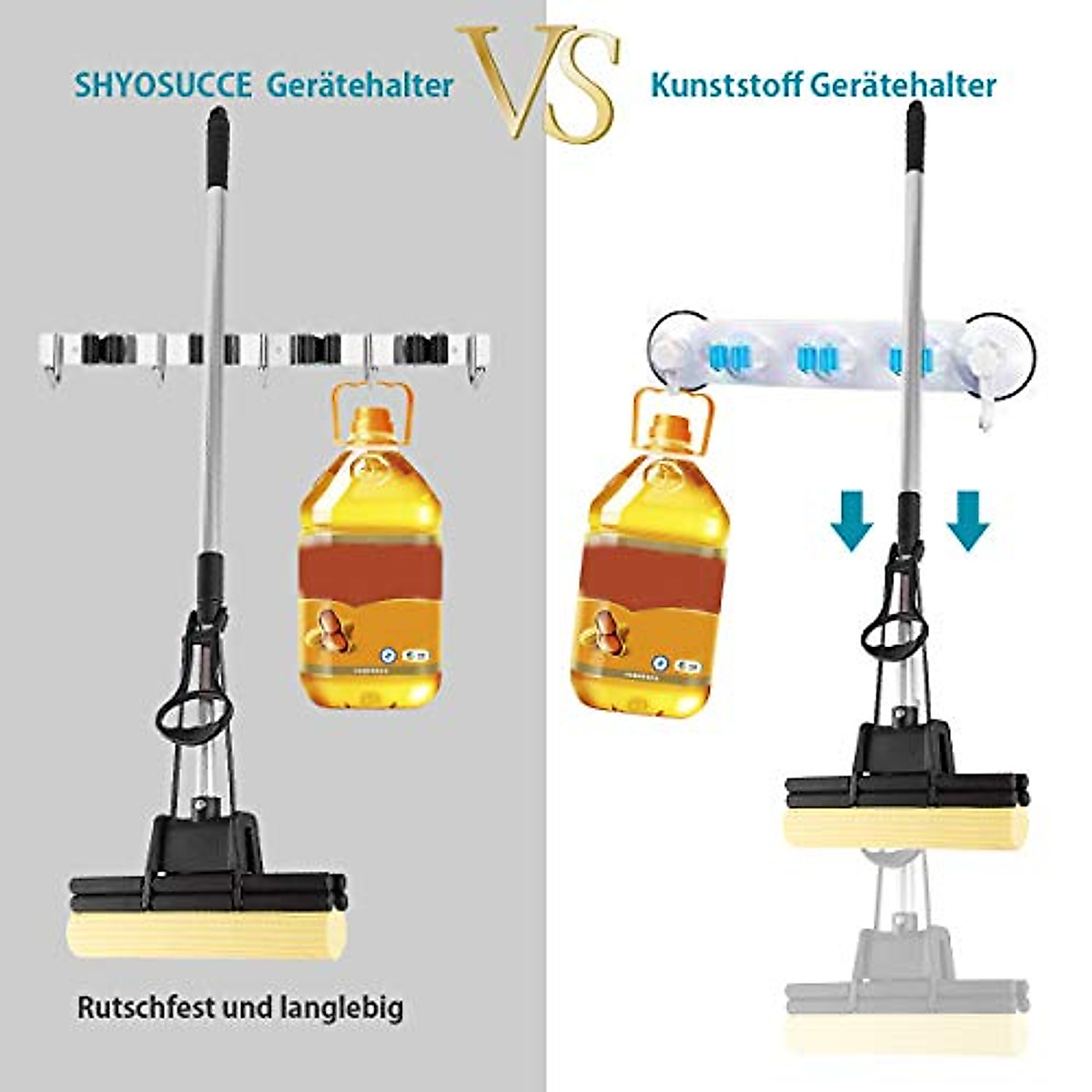 SHYOSUCCE Mop Broom Holder Wall Mount with 4 Racks and 5 Hooks, 304 Stainless Steel Broom Organizer for Garden Garage Kitchen Bathroom (Black)