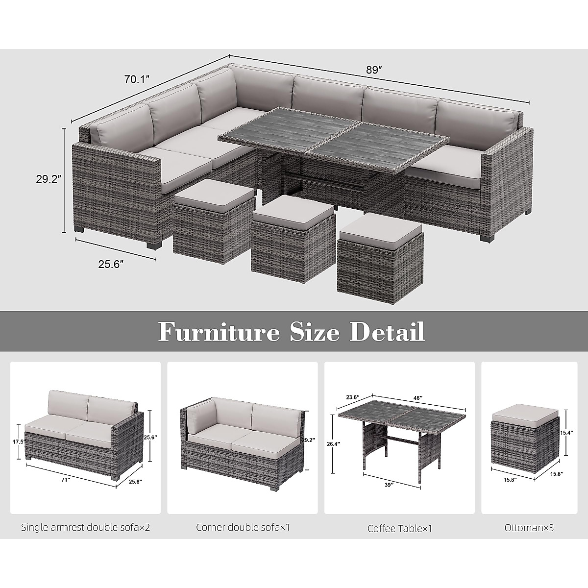 LHBcraft 7 Piece Patio Furniture Set, Outdoor Furniture Patio Sectional Sofa, All Weather PE Rattan Outdoor Sectional with Grey Cushions and Table, Grey Wicker (Grey)