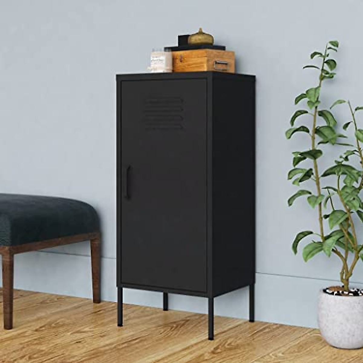 GOLINPEILO Metal Storage Cabinet with Single Doors and 2 Adjustable Shelves, Steel Garage Storage Cabinet File Cabinet Counter Cabinet for Home Office, Garage, Gym, School, 16.7"x13.8"x40" Black