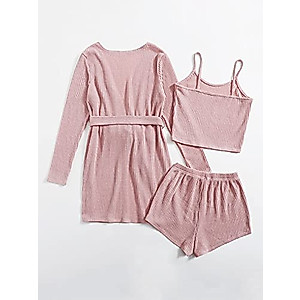 SOLY HUX Womens Pajama Sets 3 Piece Lounge Set Ribbed Knit Cami Top and Shorts Soft Sleepwear with Robe Cardigan Pink S