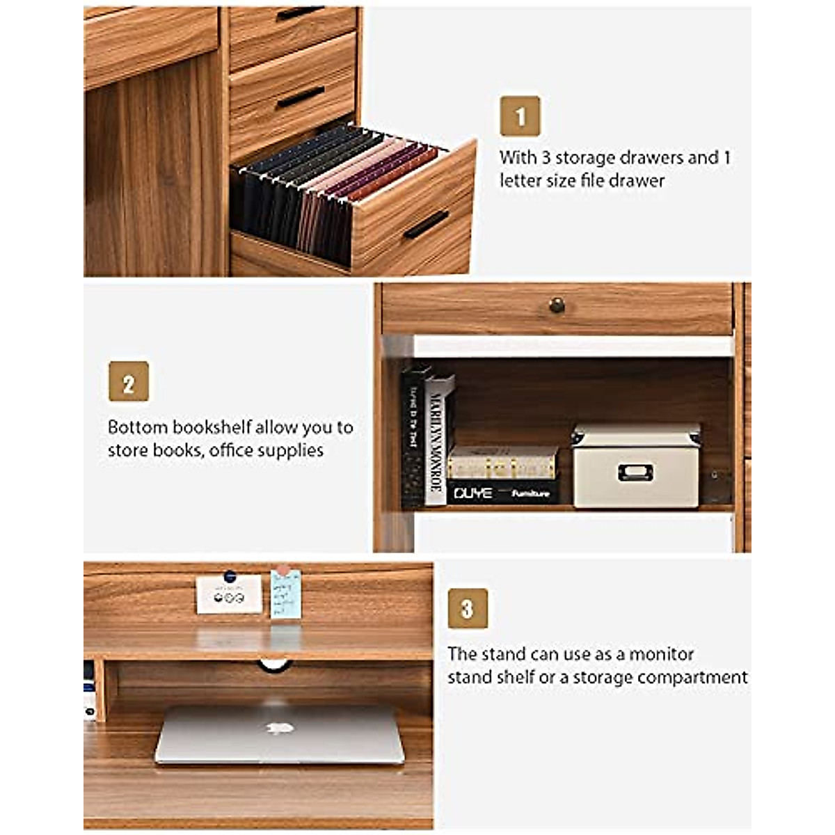 Computer Desk with 4 Drawers and Storage, Small Office Desk with File Drawers and Hutch, Farmhouse Wood Writing Student Table for Home Office, Bedroom, Rustic Oak