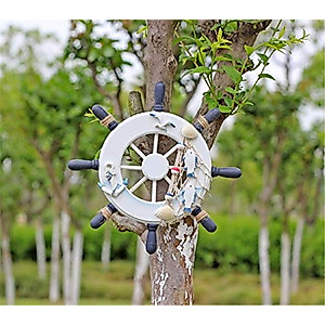 Hooshing Boat Steering Wheel Decor Wooden Mediterranean Style Crafts Rudder Wall Decoration Fishing Net for Wall Door Home Office White