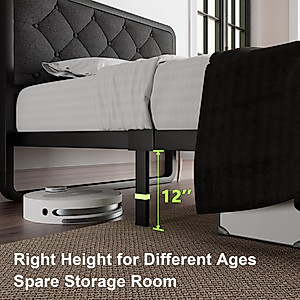 Feonase Twin Size Bed Frame, Upholstered Platform Bed Frame with Heavy-Duty Metal Steel Slats, Diamond Linen Headboard, 12" Storage Space, No Box Spring Needed, Noise Free, Easy Assembly, Dark Gray