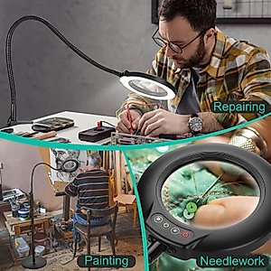 Drdefi 10X Magnifying Floor Lamp with Light, 24" Flexible Gooseneck Standing Magnifying Glass, 3-in-1 LED 5 Color Modes Stepless Dimmable Lighted Magnifier Lamp Hands-Free for Close Work, Reading
