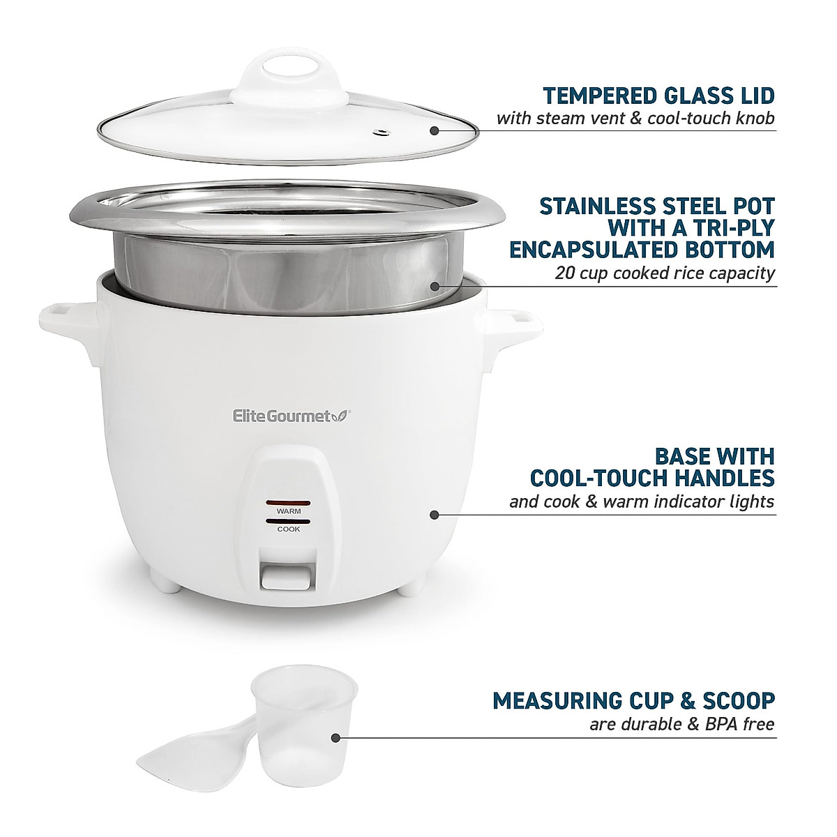 Elite Gourmet ERC-2020 Electric Rice Cooker with Stainless Steel Inner Pot Makes Soups, Stews, Grains, Cereals, Keep Warm Feature, 20 Cups Cooked (10 Cups Uncooked), White