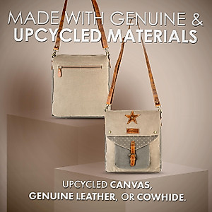 SIXTEASE Womens Shoulder Bag Vintage Style Shoulder Bags for Women - Made with Genuine Leather, Upcycled Canvas, or Hair On - Handmade, Adjustable Strap, Brass and Zinc Hardware - Miranda