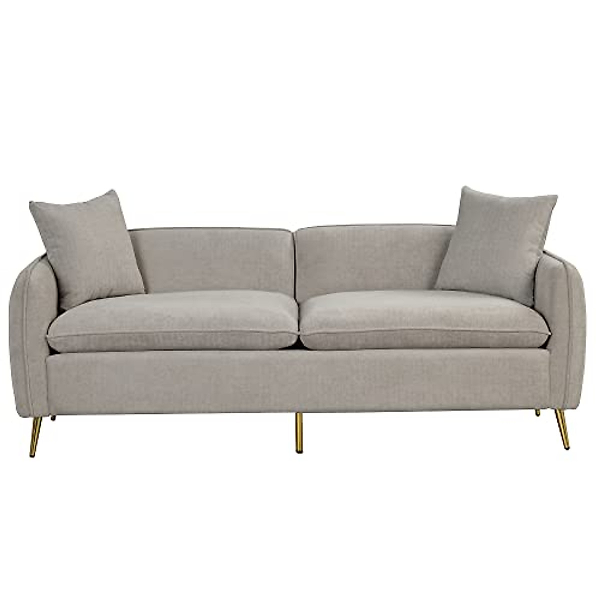 Voohek Velvet Upholstered w/Armrest Pockets, 2 Throw Pillows and Golden Metal Leg for Living Room, Apartment, Bedroom, Office, 3-Seater Sofa, Gray