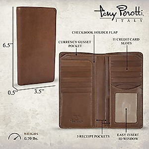 Tony Perotti Leather Long Wallets for Men - Men's Checkbook Wallet - Men's Italian Leather Bifold Wallet with Card Holders, Pockets, ID Window - Eco-Friendly Vegetable-Tanned Full Grain Leather