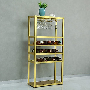 18 Bottles Metal Wine Rack 6-Tier Free Standing Wine Holder with Glass Holder, Heavy Duty Wine Bottle Organizer with Storage Shelf, Display Stand Rack with Wheels, Gold, 23.6''L x 9.8''W x 47.2''H