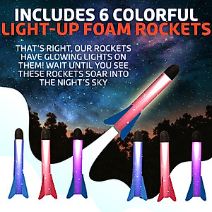 Light Up Toy Rocket Launcher for Kids | Shoots Up to 100 Feet in The Air | 6 Colorful Flashing Foam Rockets and Sturdy Launcher Stand, | Fun Outdoor Toy | Gift for Boys and Girls Age 3+