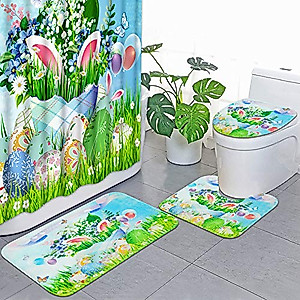 Ikfashoni 4 Pcs Easter Shower Curtain Set with Non-Slip Rugs, Toilet Lid Cover and Bath Mat, Spring Floral Shower Curtains with 12 Hooks, Rabbit Bunny Egg Shower Curtains for Bathroom