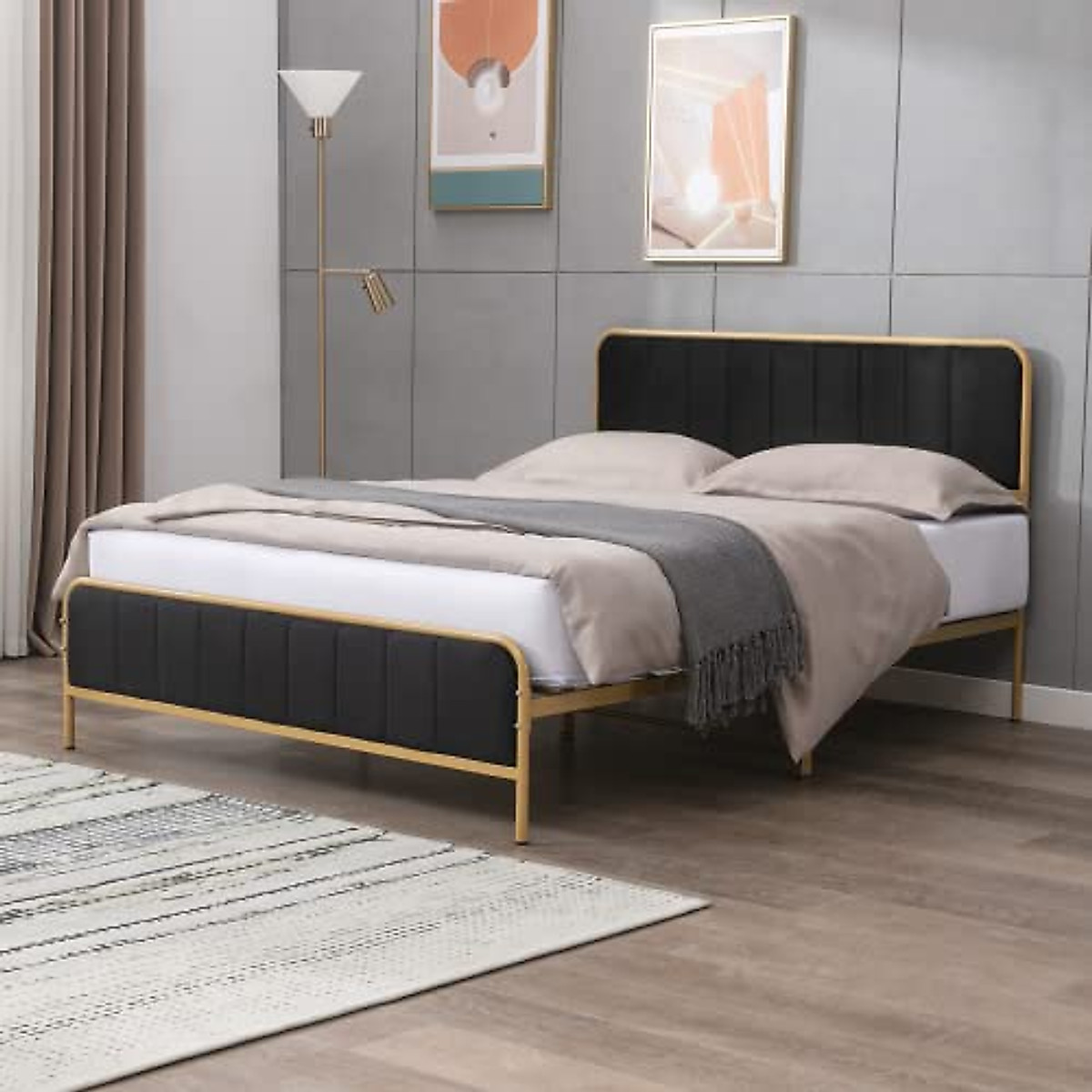 BALUS Cal King Size Bed Frame, Metal Platform Bed Frame with Tufted Headboard, Velvet Upholstered Platform Bed Frame with Gold Trim, Easy Assembly, No Box Spring Needed and Slip Noise Free Black