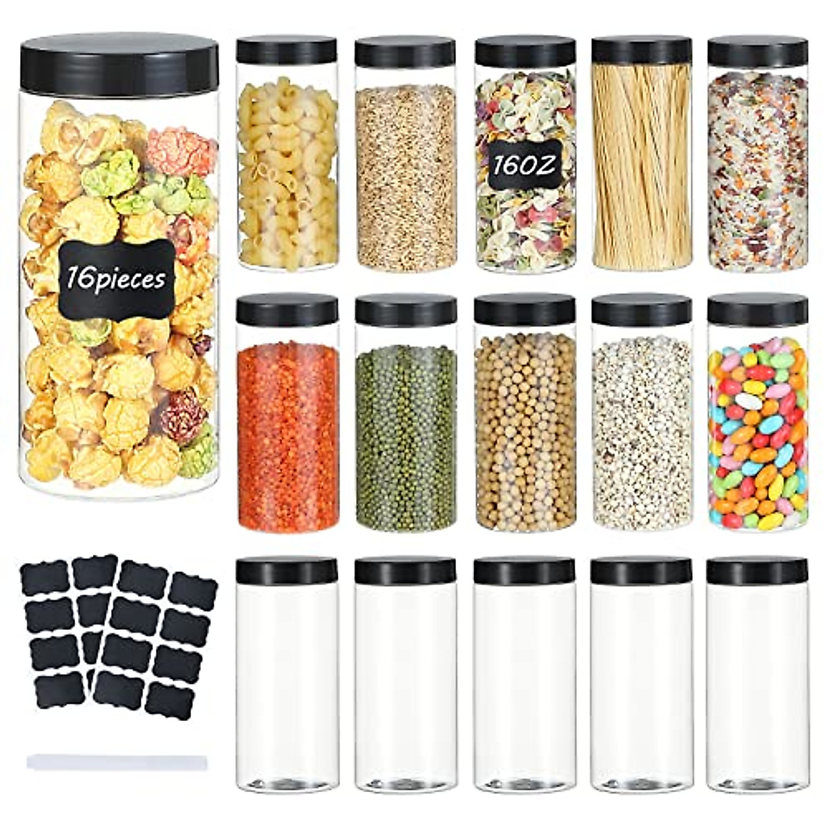 16oz Plastic Jar with Lids, 16Pcs Clear Empty Containers Straight Cylinders Storage Jars with Airtight Black Lid Stackable Refillable Round Plastic Jars for Body Butter, Kitchen Food & Home Storage