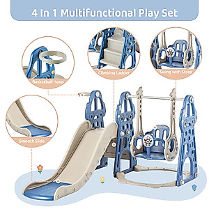 4 in 1 Toddler Slide and Swing Set, Kid Slide for Toddlers Age 1-2, Baby Slide with Basketball Hoop, Indoor Outdoor Slide Toddler Playset Toddler Playground– Blue