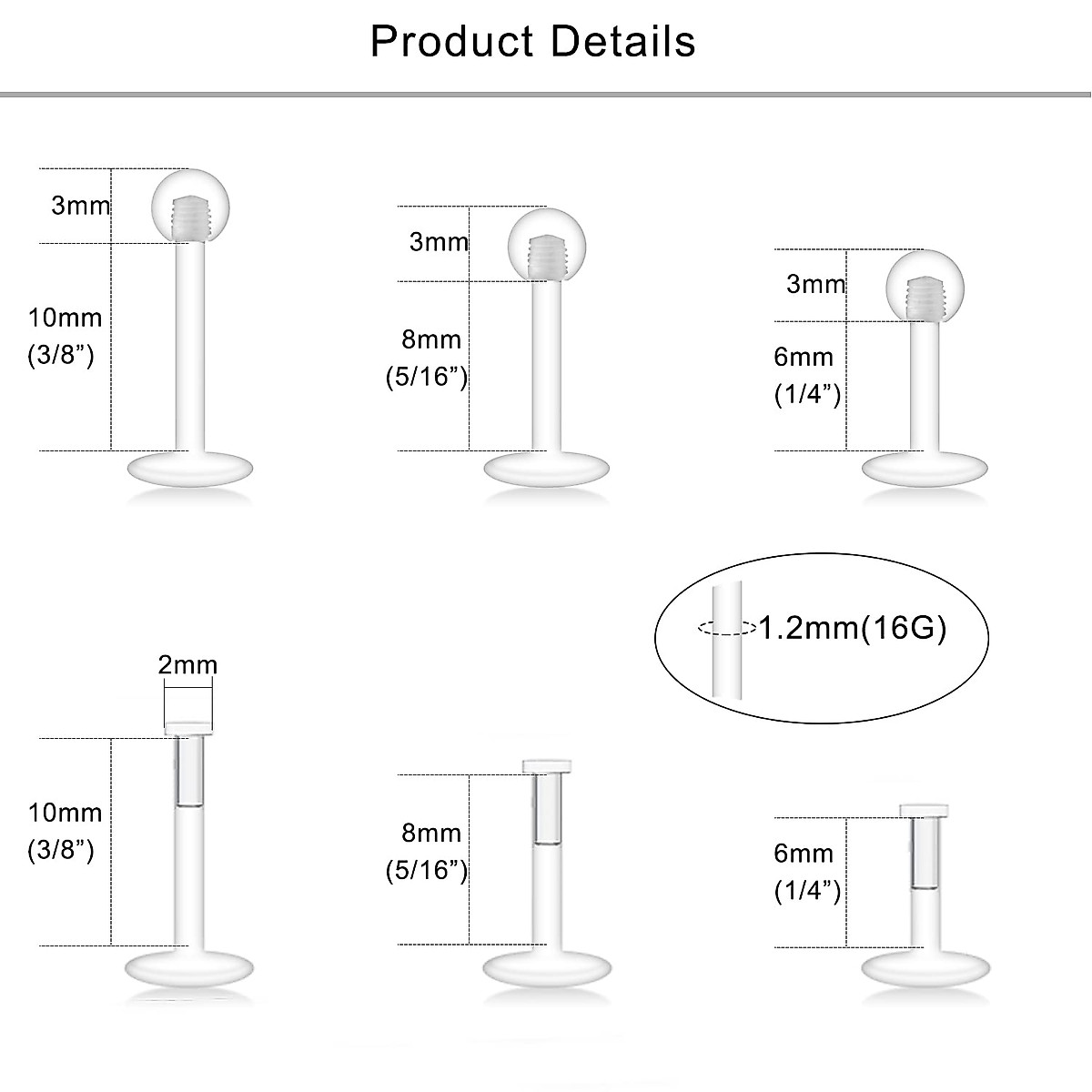 Lcolyoli 63PCS 16G Mix Length Clear Push Top Piercing Retainers Flat & Ball Top Bioflex Lip Rings Labret Medusa Retainer for Women Men 6-10mm Bar Length