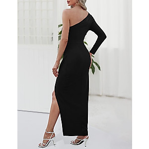 Sarin Mathews Womens One Shoulder Long Sleeve Cocktail Dresses Sexy Bodycon Ruched Wrap Split Party Formal Long Dress Black S
