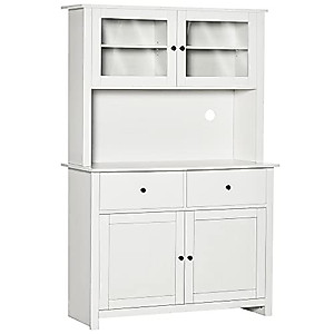 HOMCOM 63.5" Kitchen Buffet with Hutch, Pantry Storage Cabinet with 4 Shelves, Drawers, Framed Glass Doors, Open Microwave Countertop, Antique White
