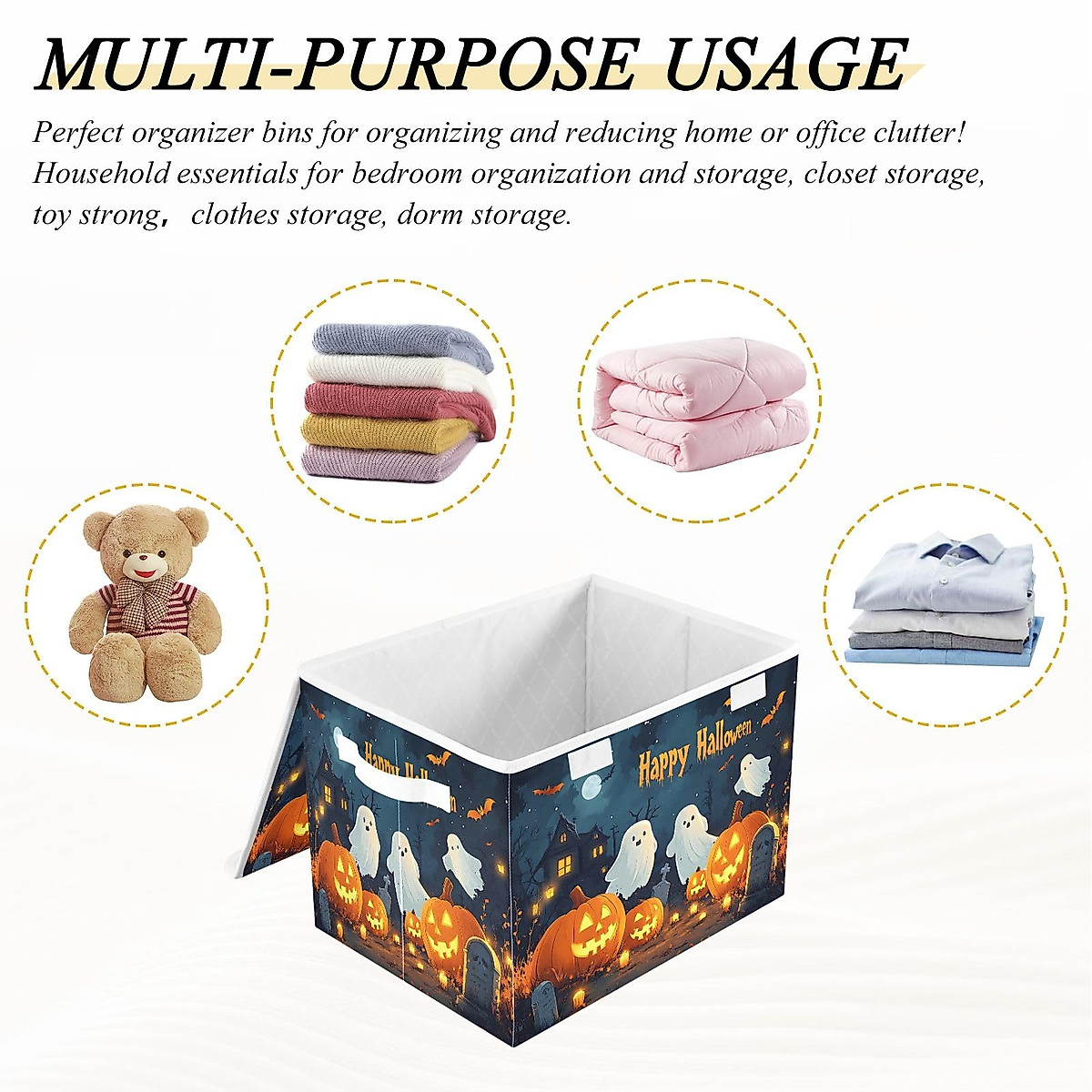 Storage Bins with Lids and Handles,Halloween Background with Pumpkins Ghosts and Cemetary Storage Box Storage Basket with Cover Collapsible Organizer Containers for Home Closet, Shelves