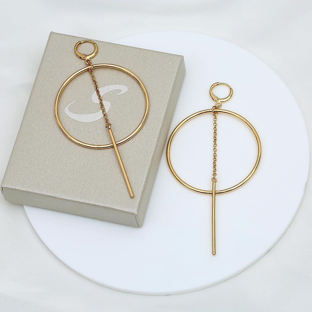 14k Gold Hoops Earrings for Women, High Polished Dangly Bar earrings Cute and Aesthetic Women Girls