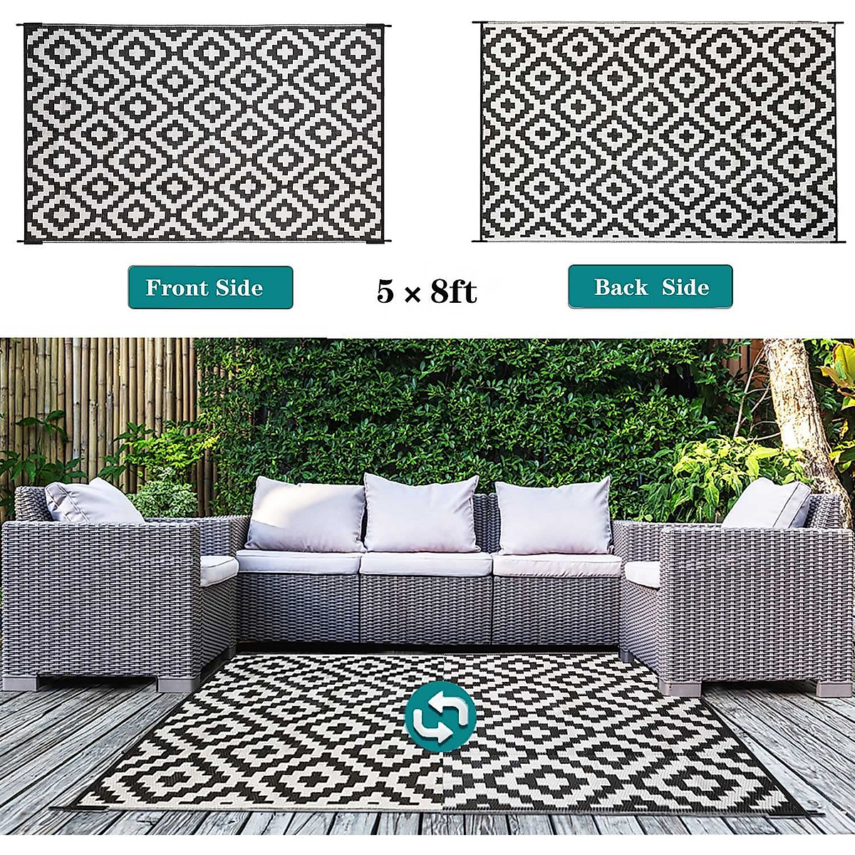 HOYJA Outdoor Plastic Straw Rug for Patio RV Camping 5 x 8ft Waterproof Black White Outdoor Area Rugs,Reversible Portable Large Floor Mat and Carpet for Oustide Deck Picnic Beach Trailer