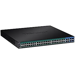 TRENDnet 52-Port Gigabit Web Smart PoE+ Switch, 48 Gigabit PoE+ Ports, 4 Shared Gigabit Ports (RJ-45 Or SFP), 370W PoE Power Budget, 104Gbps Switching Capacity, Lifetime Protection, Black, TPE-5240WS