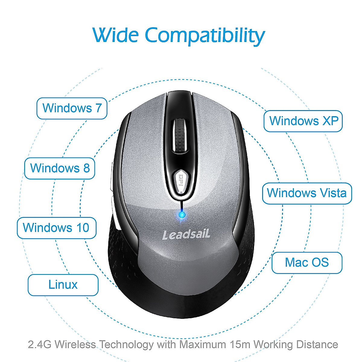 LeadsaiL Wireless Computer Mouse, 2.4G Portable Slim Cordless Mouse Less Noise for Laptop Optical Mouse with 6 Buttons, USB Mouse for Laptop, Deskbtop, MacBook (Grey)