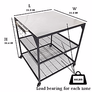 HWGckct Three-Shelf Movable Stainless Steel & Steel Outdoor Dining Cart Table Pizza Oven Protable Grill and Heavy Duty Grill Cart Outdoor Table