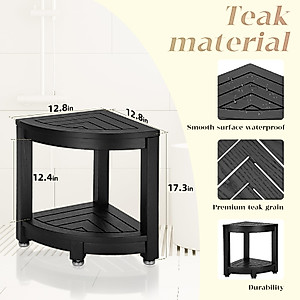 Teak Corner Shower Seat for Inside Shower Waterproof, Natural Teak Bathroom Shower Corner Bench Seat, Teak Shower Chair Seat, Shower Shaving Foot Rest with Adjustable Feet, Non-Slip for Halloween