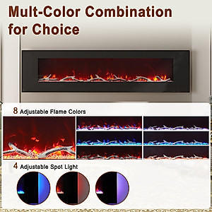 72in Electric Fireplace with Bluetooth Speakers Wall Mounted Linear Fireplace Heater Low Noise Adjustable 8 Flame Colors,8h Timer,Remote Control with Log & Crystal Hearth Options (No-Recessed)
