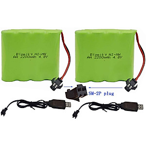 Blomiky 2 Pack 4.8V 2200mAH AA NiMH Rechargeable Battery with SM-2P Plug and USB Charger Cable for SY-E511 RC Excavator RC Truck Toy 4.8V 2200mAh NiMH Battery 2