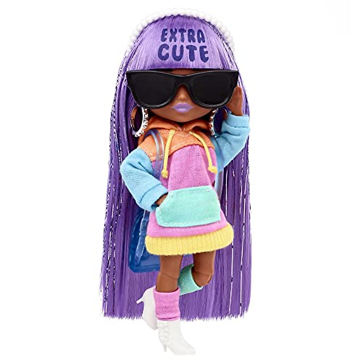 Barbie Extra Minis Doll & Accessories with Purple & Silver Hair, Toy Pieces Include Color-Block Hoodie Dress & Boots