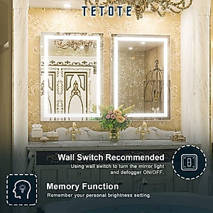 TETOTE 20 x 28 LED Bathroom Mirror with Lights White/Warm/Natural,Dimmable,CRI90,IP54 Waterproof,Wall Mounted,Anti-Fog,Vanity Mirror(Horizontal/Vertical)