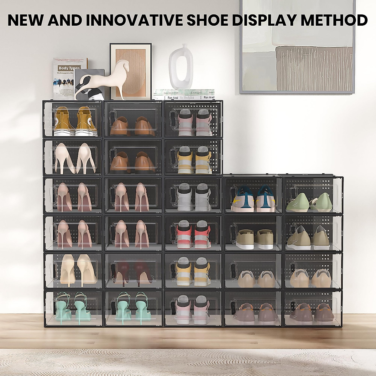 Fkprorjv XX Large Shoe Storage Box Organizer for Closet, 12 Pack Space Saving Versatile Clear Plastic Stackable Sneaker Shoe Rack Containers Bins Holders, Portable Closet Organizers and Storage, Black