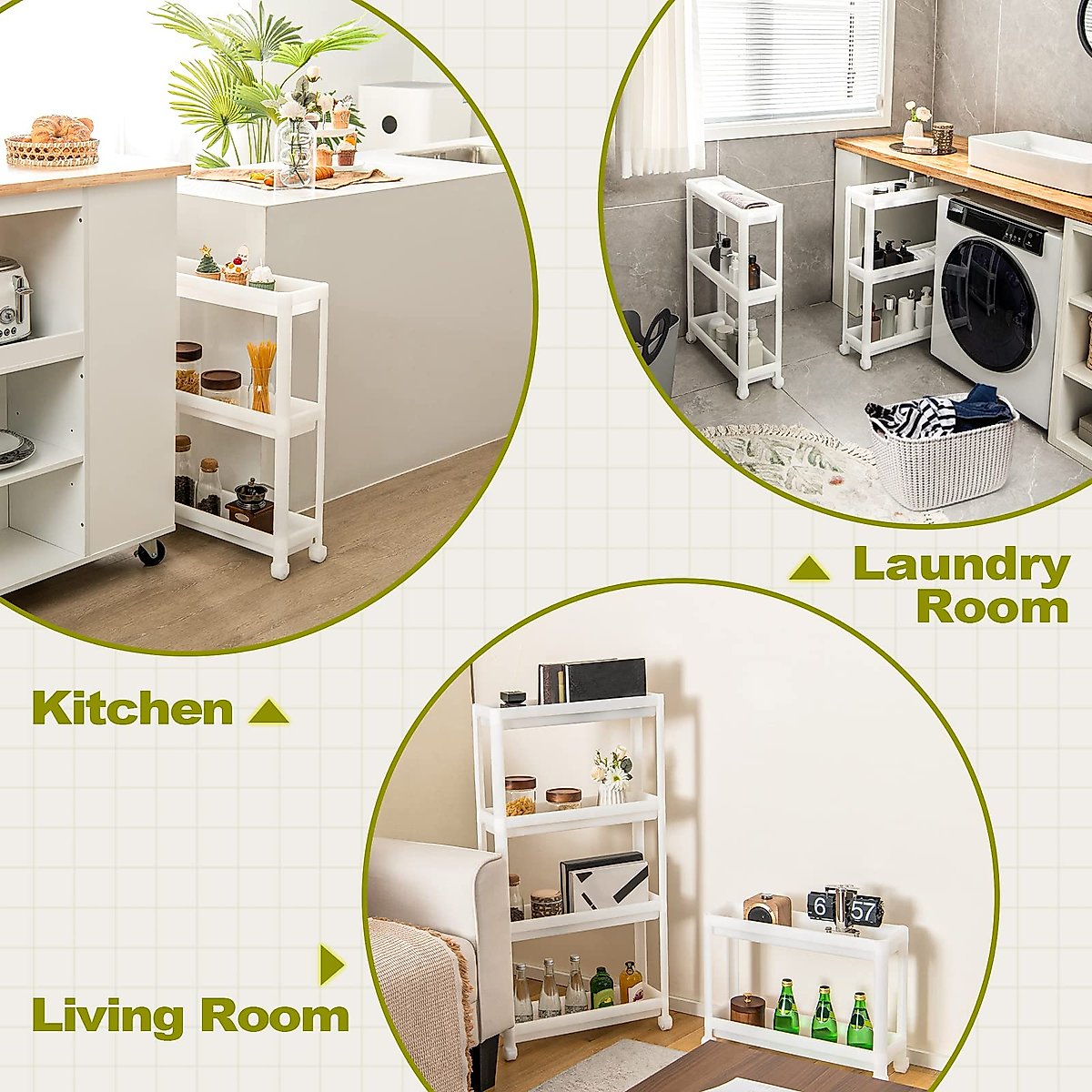 S AFSTAR 3 Tier Rolling Utility Cart Set of 2, Slide Out Mobile Utility Cart for Small Space, Free Combination-Easy Assembly Shelving Unit, 2-Pack 3-Tier Slim Storage Cart for Bathroom Laundry Room
