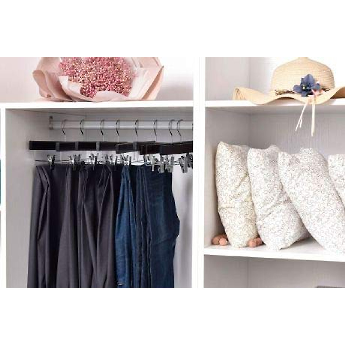 Quality Hangers Wooden Pants Hangers - 20-Pack Swivel Hook Cloth Hanger Set - Lotus Wood Skirt, Pant, Shorts and Slack Hangers with Adjustable Clip – Mahogany Clothing Hanger (Mahogany, 20)