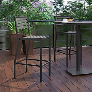 Flash Furniture Lark Commercial Grade Bar Height Stool, All-Weather Outdoor Bar Stool with Faux Wood Poly Resin Slats and Aluminum Frame, Gray Wash