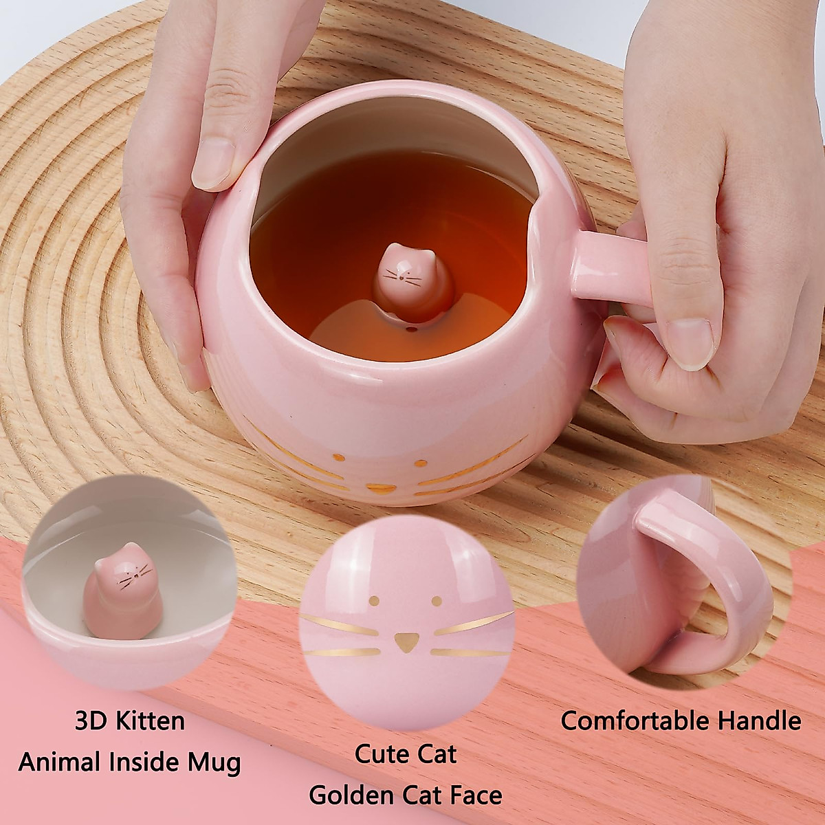 Koolkatkoo Cat Mug Cute Ceramic Coffee Mugs Hidden 3D Animal Inside Mug Novelty Tea Cup Pink Mug for Women Girl Mothers Day Gifts Cat Gifts for Cat Lovers Holiday Christmas Gifts Birthday Gifts 12 oz