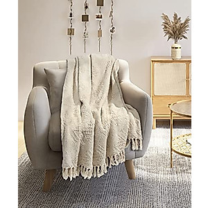 Maxpeuvon Beige Throw Blanket Boho Soft Cozy Knit Blanket with Tassel, Solid Decorative Blankets and Throws, Decor Blanket for Bed, Travel Blanket, Sofa, 50"×60"