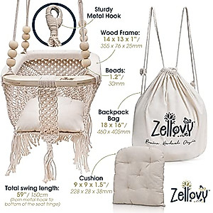ZELLOVY Organic Macrame Baby Swing Chair with Cushion & Portable Canvas Backpack | Boho Baby Swing Outdoor Indoor Infants & Toddler | Hanging Rope Baby Gift Swing | Handmade Crochet Baby Hammock Swing