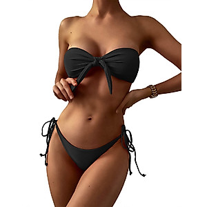 ZAFUL Knotted Bandeau Bikini for Women Strapless Swimsuits High Cut Bathing Suit Sexy Cheeky Tie Side Swimwear Black S