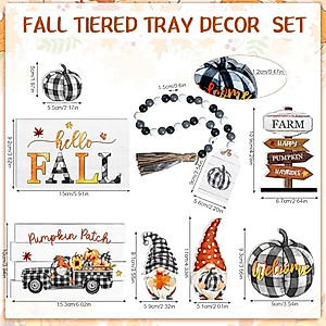 Soaoo 12 Pieces Fall Tiered Tray Decorations Set Wooden Hello Fall Pumpkin Gnome Truck Trays Signs for Autumn Holiday Thanksgiving Home Rustic Farmhouse Table Kitchen Decor (Black and White)