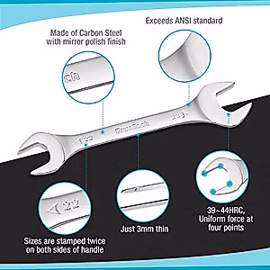 DURATECH Super-Thin Open End Wrench Set, Metric, 8-Piece, Including 5.5, 7, 8, 9, 10, 11, 12, 13, 14, 17, 19, 21, 22, 23, 24, 27 mm, Slim Spanner Wrench Set with Rolling Pouch
