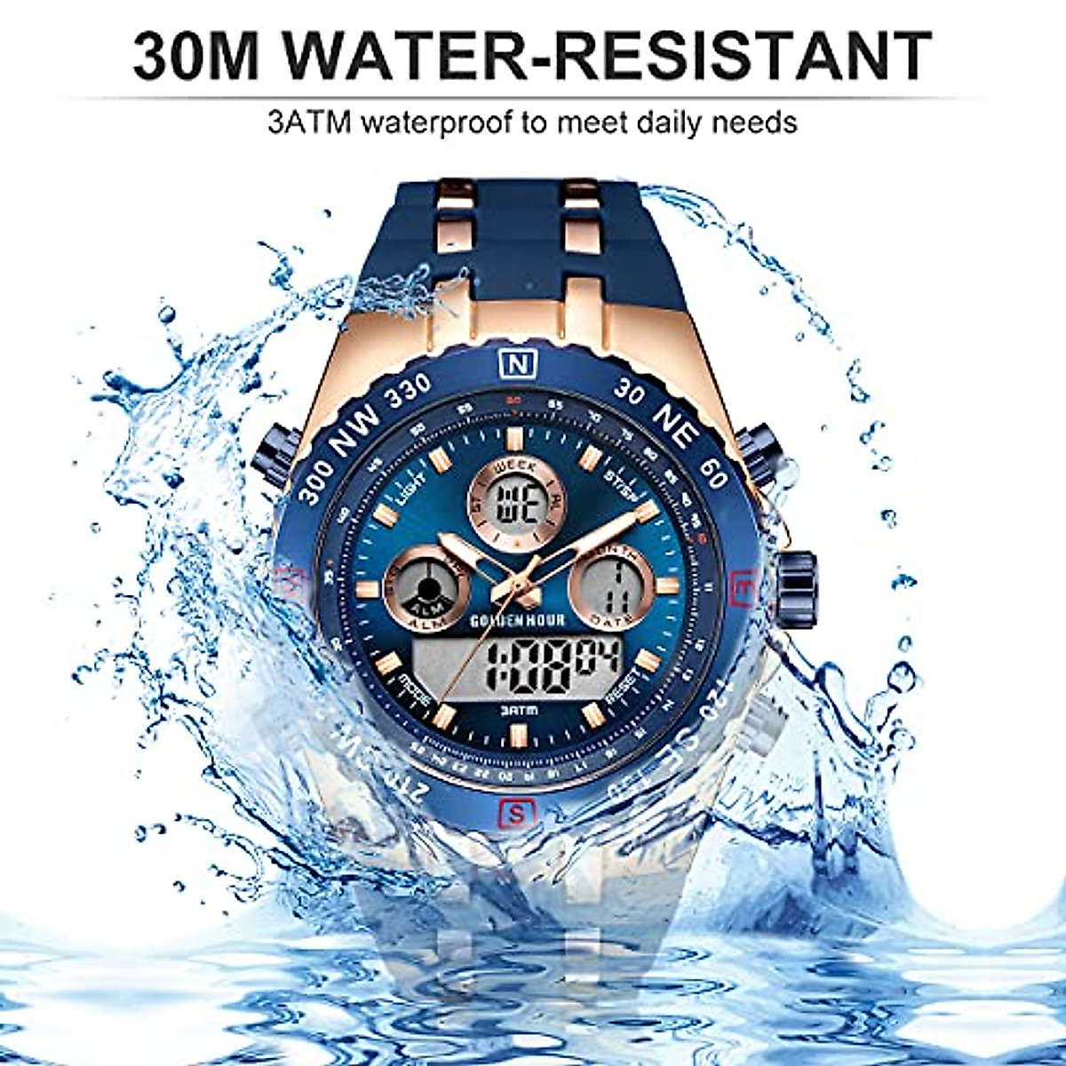 GOLDEN HOUR Luxury Military Sports Men's Watches Large Size Big Face 3ATM Waterproof, Stopwatch, Date and Date, Alarm, Luminous Digital Analog Wrist Watch with Rubber Band in Rose Gold Blue