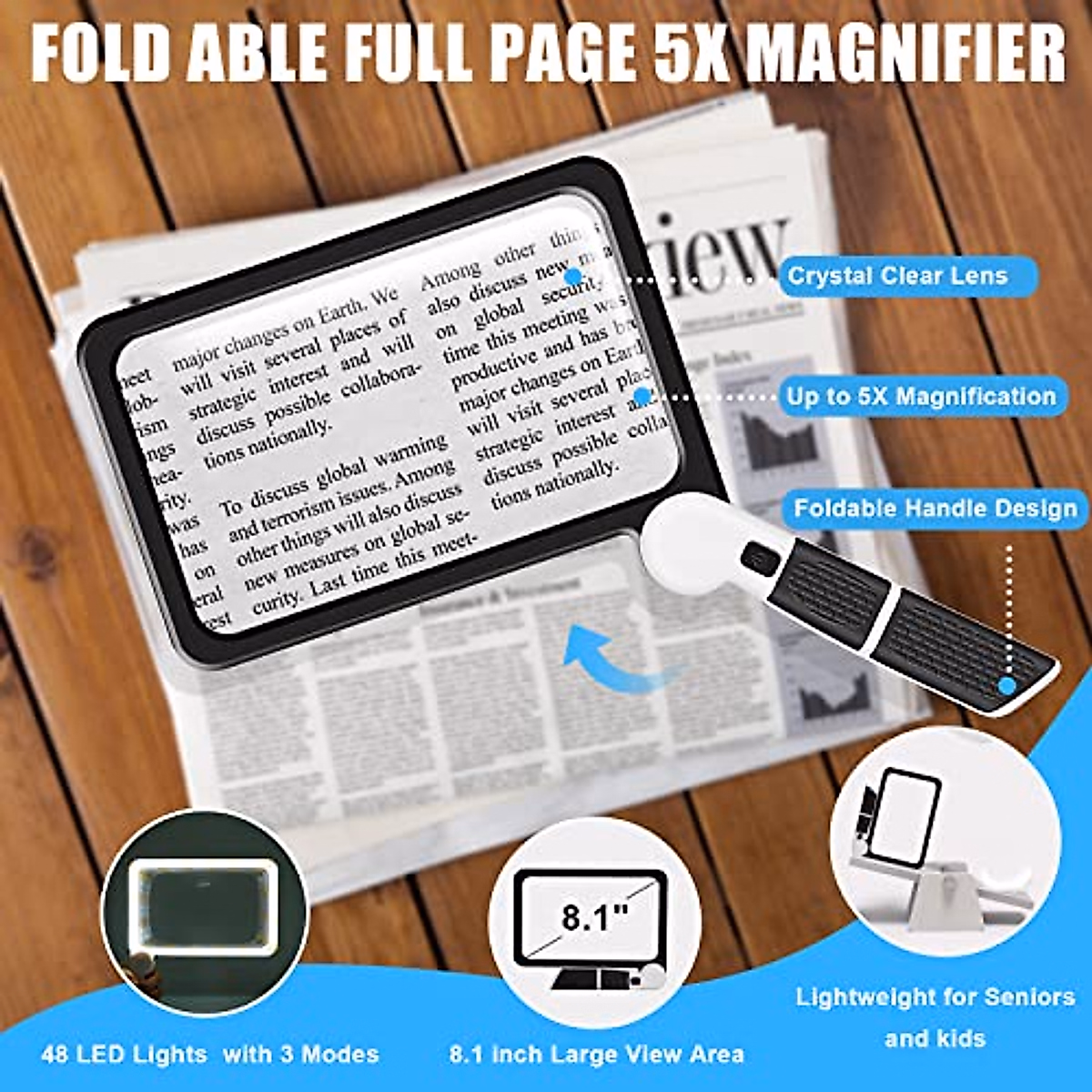 Arsir 7.3*4.4" Full-Page 5X Magnifying Glass for Reading, Large Folding Lighted Magnifier with 48 LED Lights (3Modes), Rectangular Handhold Magnify Lens Gifts for Seniors Reading Books, Prints -Black