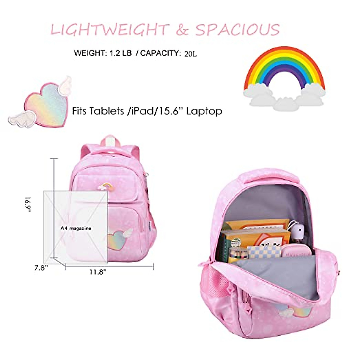Kacizes Backpack for School Girls Backpacks Kids Cute Rainbow Elementary Middle Bookbag with Laptop Compartments for Travel Daypack, Pink