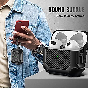 Maxjoy for for Airpods 3rd Generation Case, Carbon Fiber Secure Lock Clip Full Body Shockproof Hard Shell Protective Apple for Airpods 3 Case Cover with Keychain for AirPod 3rd Gen 2021 for Men, Black