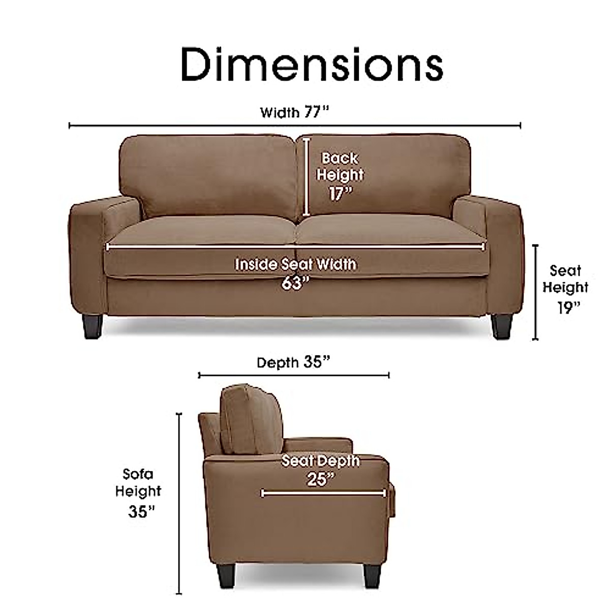 Serta Palisades Upholstered Sofas for Living Room Modern Design Couch, Straight Arms, Soft Fabric Upholstery, Tool-Free Assembly, 78" Sofa, Kingston Tan